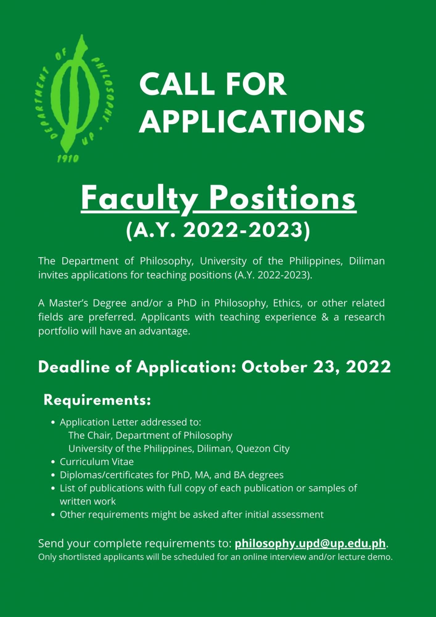 Call For Faculty Applications (First Sem AY 2022-2023) - UP Diliman ...